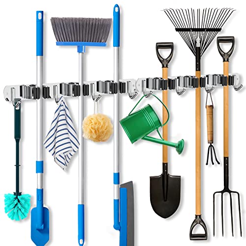 2 Pack Mop Broom Holder Wall Mount, Broom Organizer Mop and Broom Storage Tool Racks Stainless Steel Self Adhesive Wall Hanger for Home Kitchen Garden Laundry Garage by ZONGOOL (3 Racks 4 Hooks)