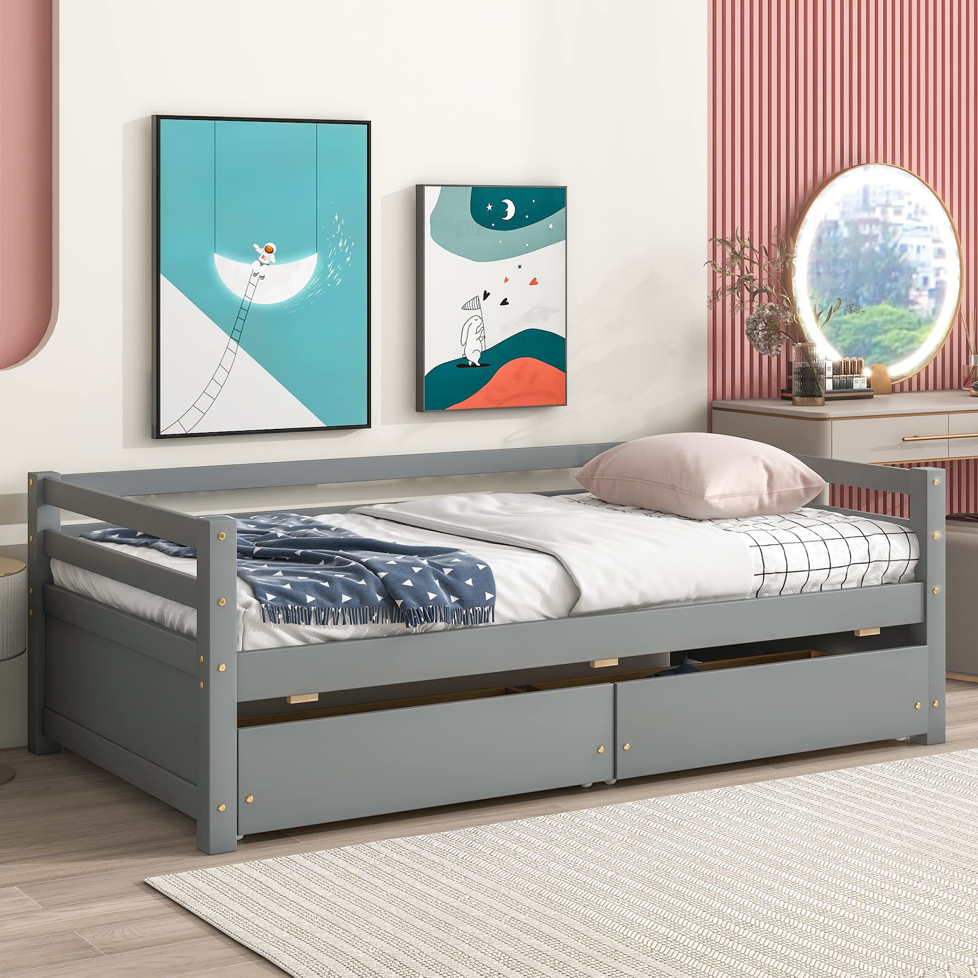 Harper & Bright Designs Twin Daybed with 2 Storage Drawers, Wooden Twin Size Daybed Frame, Dual-Use Daybed Sofa Kids Bed for Living Room,Guest Room,Children Room, No Box Spring Needed, Gray