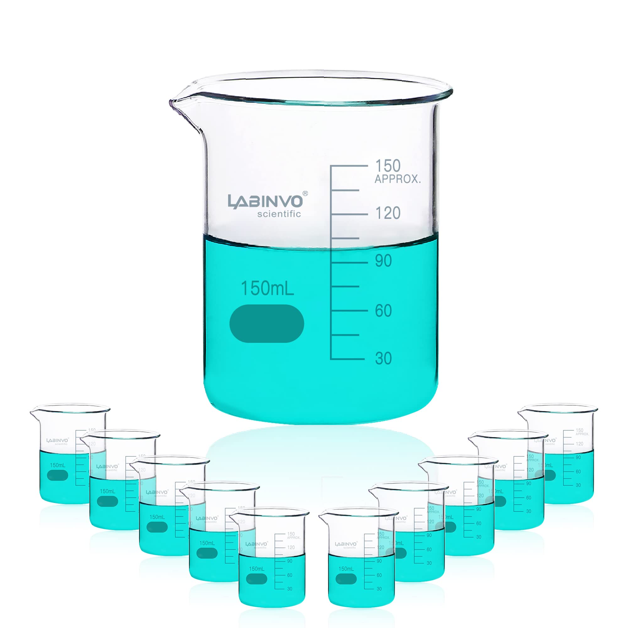 LABINVO Low Form Graduated Glass Beaker, 10pcs of Vol.150ml, 3.3 Borosilicate Glass Beaker Set, IN-BKL150