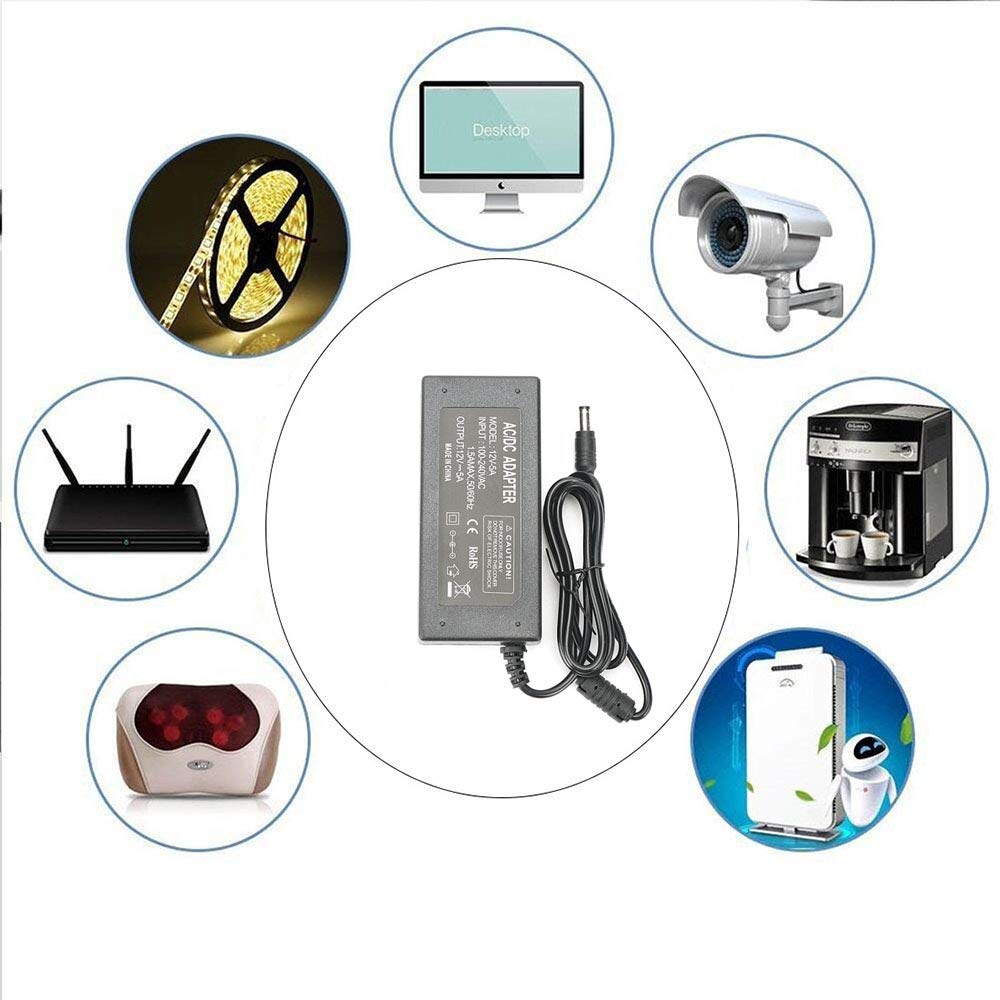 12V 5A Power Supply Adapter, AC100-240V to DC12V Converter Transformer with 5.5x2.5mm DC Output Jack for LED Strip Light,Wireless Router,ADSL Cats,Security Cameras