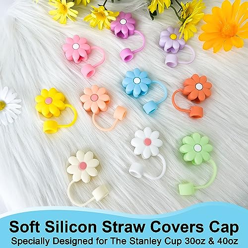 10pcs Flower Straw Topper Fitting for Stanley Straw Covers, Silicone Straw Covers Cap for All 9-10mm Straws, Reusable Straw Covers Compatible for Stanley 30&40 Oz, Straw Toppers Suited for Stanley Cup