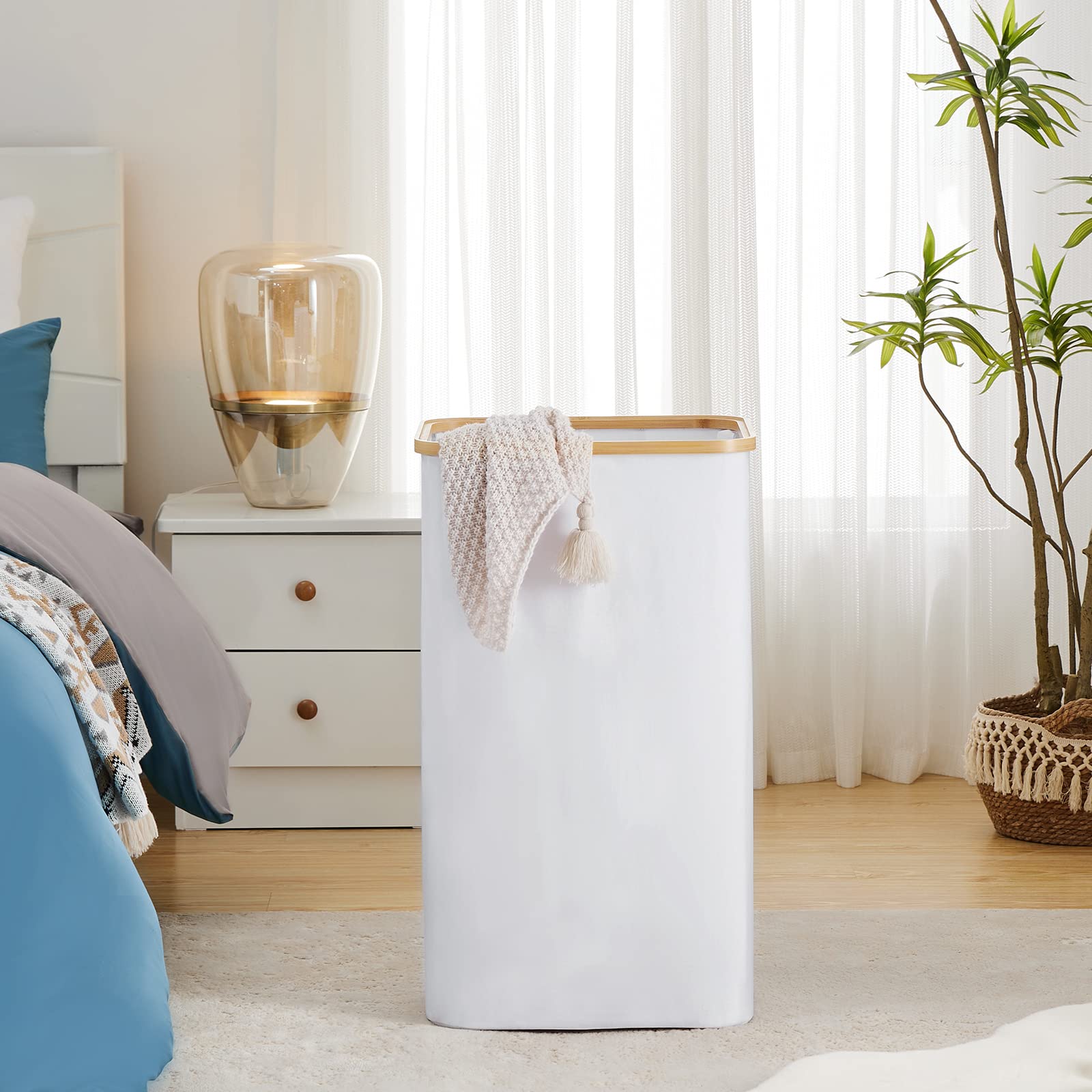 100L Large Laundry Hamper Basket with Lid by YOUDENOVA, Tall Clothes Hamper with Handle, Waterproof and Collapsible Storage Basket for Bedroom and Bathroom, White(16"L 13"W 28"H)
