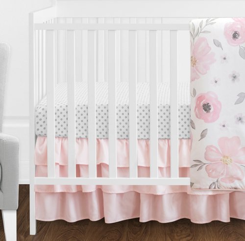 11 pc. Blush Pink, Grey and White Watercolor Floral Baby Girl Crib Bedding Set by Sweet Jojo Designs - Rose Flower Polka Dot