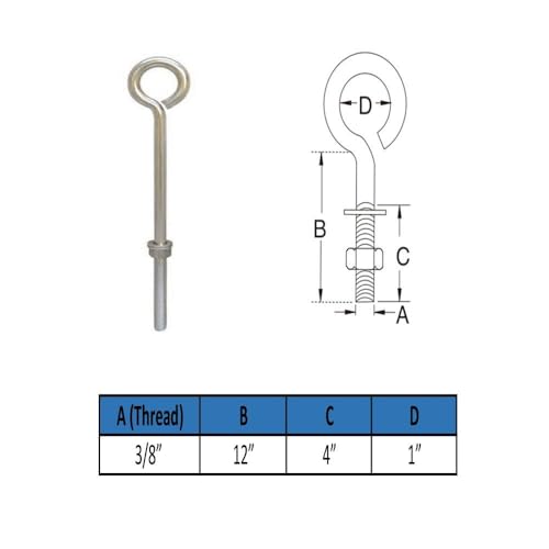 10 PC 3/8" x 12" Stainless Steel Forge Style Marine Wire Turned Eye Bolt Nut Washers 140 Lb Cap.