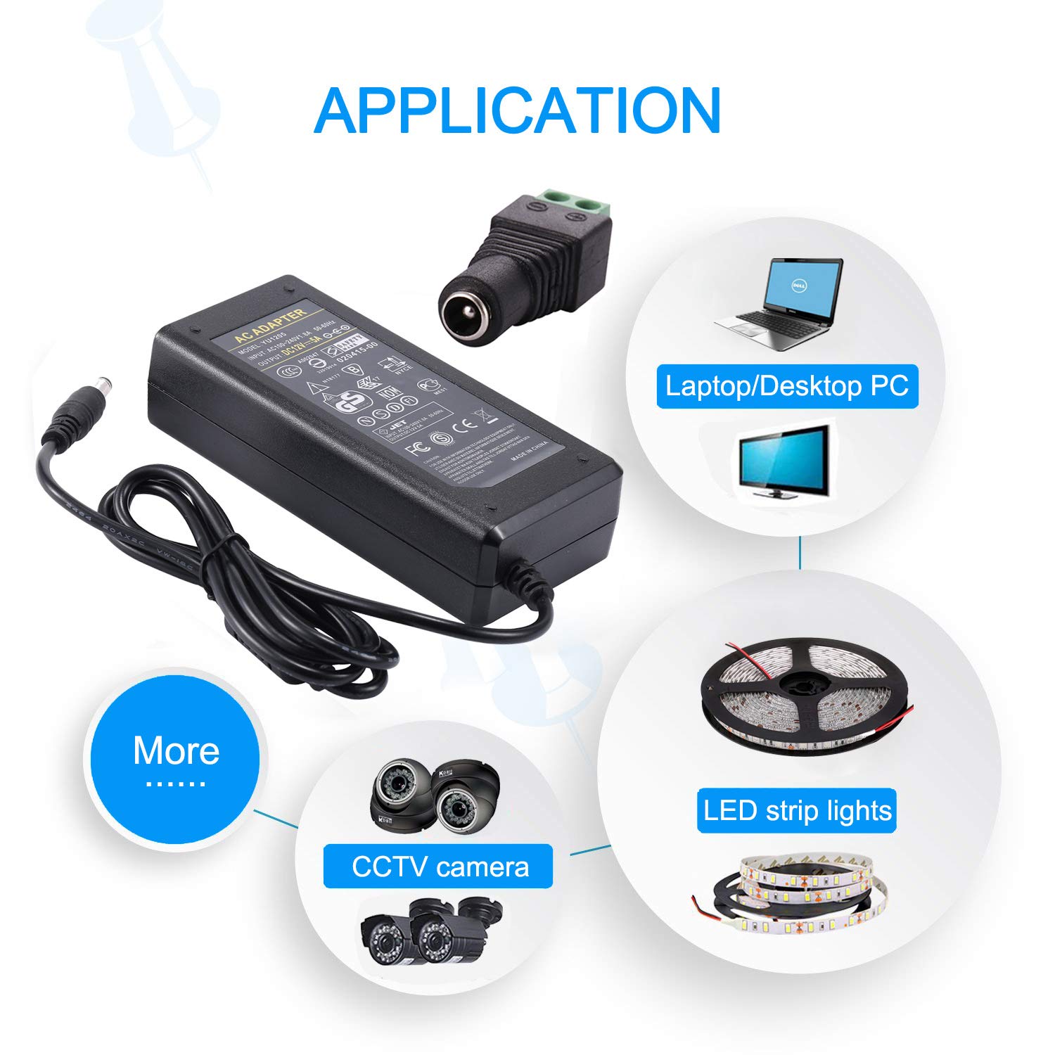 12V 5A Power Supply, COOLM AC to DC 12V 5A 60W Power Adapter Charger AC 100V - 240V Transformer 5.5x2.5mm DC Output Jack for 5050 3528 LED Strip Light LED Driver CCTV Security System