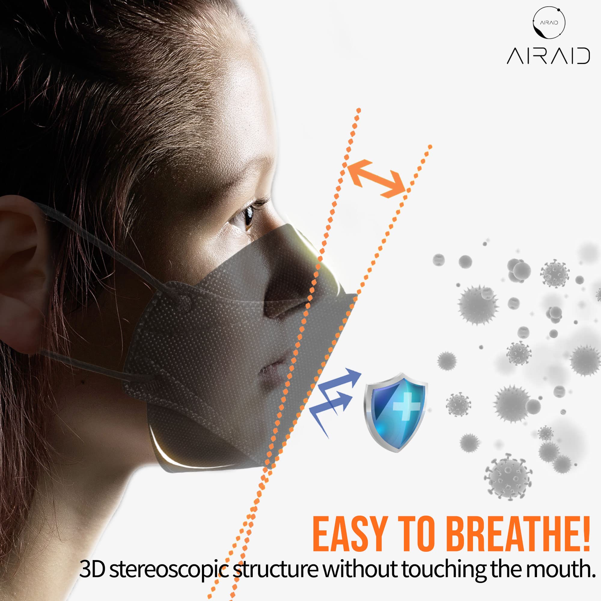 AIRAID-KF94 [Individually Wrapped] - Made in Korea, 4-Layer Filter, 3D Face Mask, Black, White, Adult and Older Teens (Black-50P)