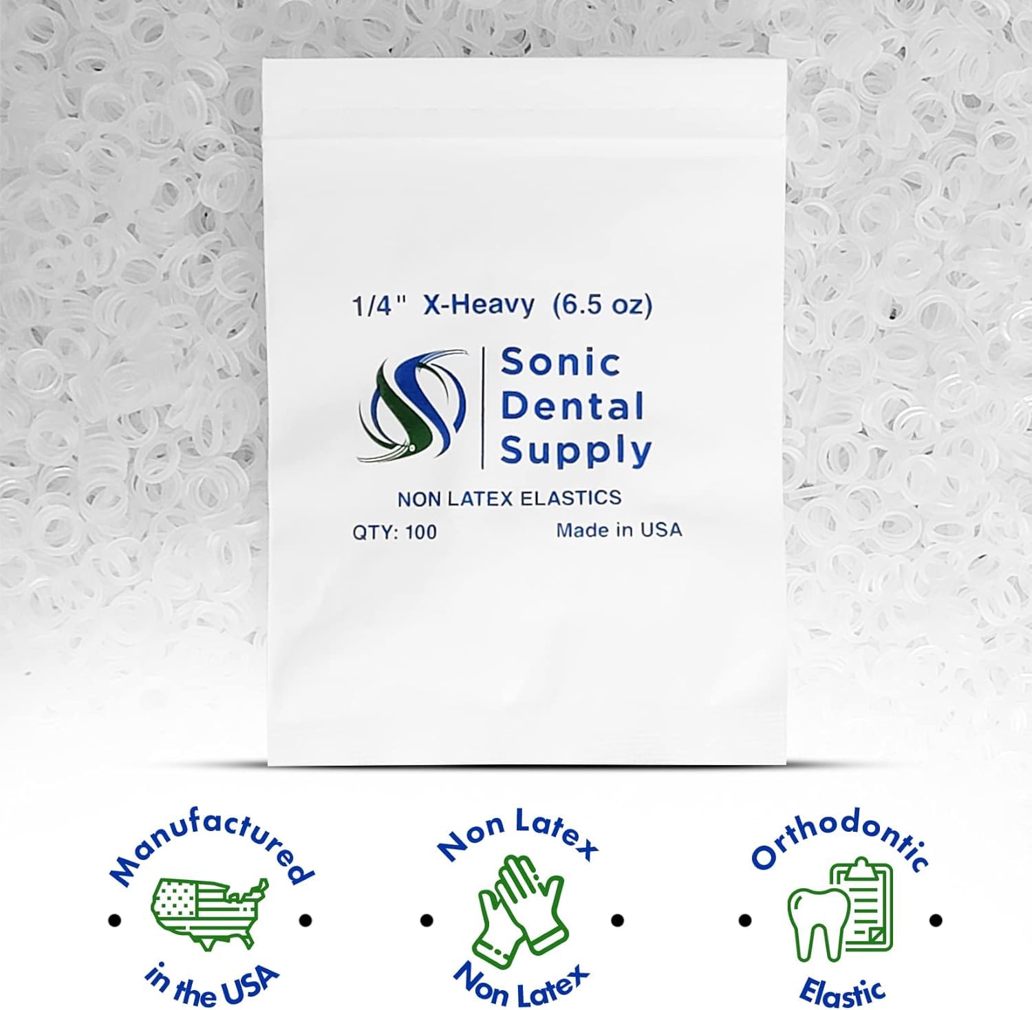 1/4 inch X-Heavy 6.5 oz - Orthodontic Elastic Rubber Bands - 100 Pack - Clear Latex Free, Small, Braces, Dreadlocks Hair Braids, Tooth Gap, Packaging, Crafts, Sonic Dental Supply - Made in USA