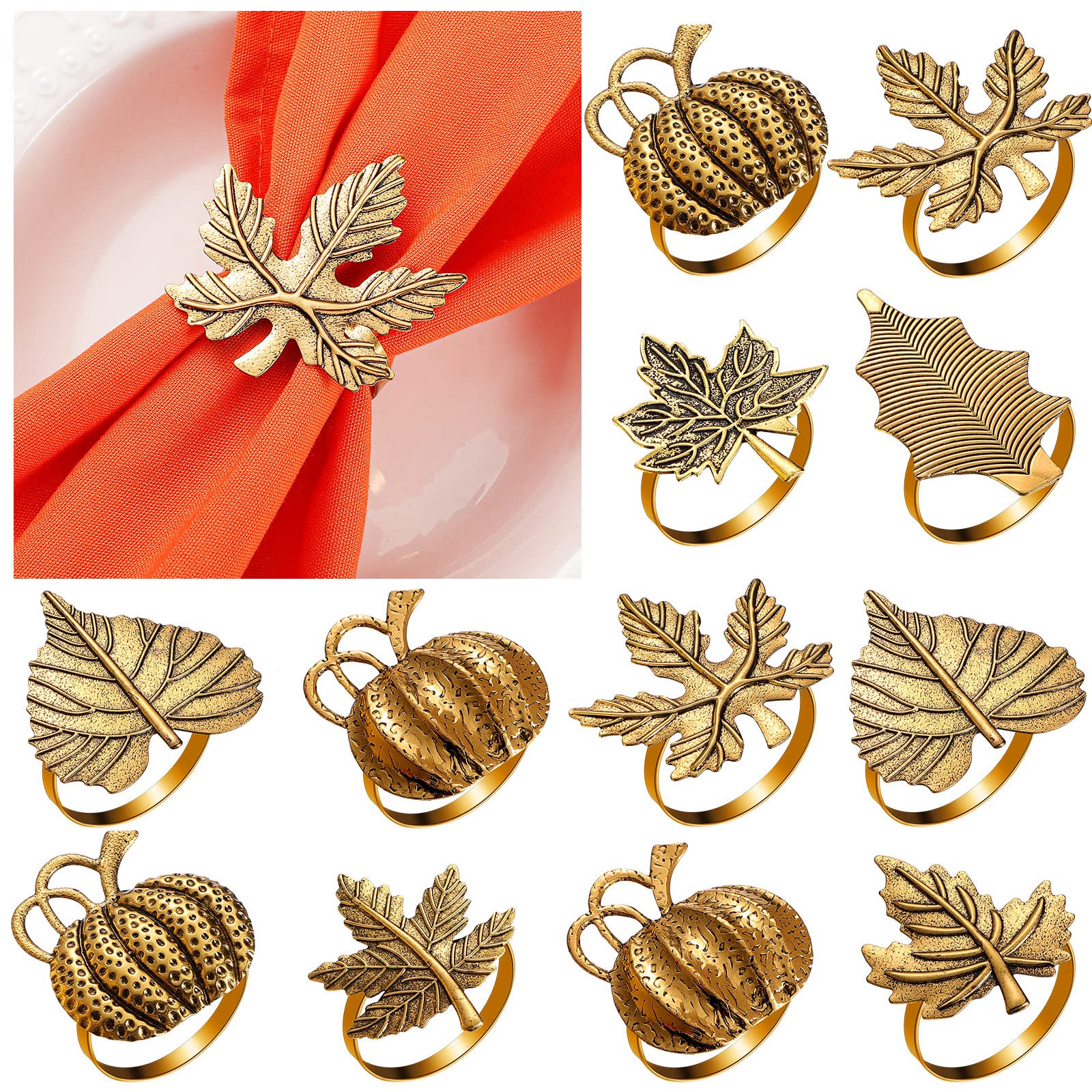 WILLBOND 12 Pcs Thanksgiving Napkin Ring Set Pumpkin Napkin Holders Fall Napkin Rings Fall Leaf Napkin Rings Alloy Napkin Holder Buckle for Halloween Home Party Table Decor Wedding Supplies(Classic)