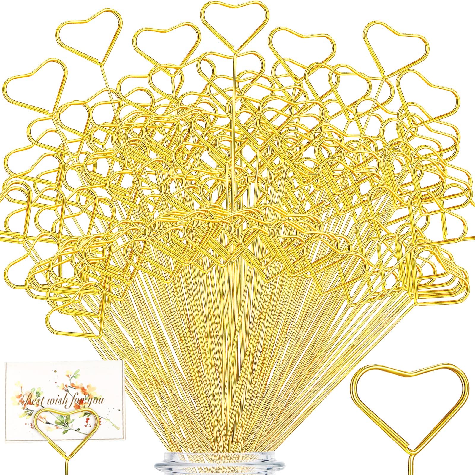 200 Pcs Metal Floral Place Card Holder Picks 13.4 Inch Photo Picture Clip Holder Gold Gift Card Holders for Flower Arrangements Wedding Birthday Baby Shower Party Favor (Heart Style)