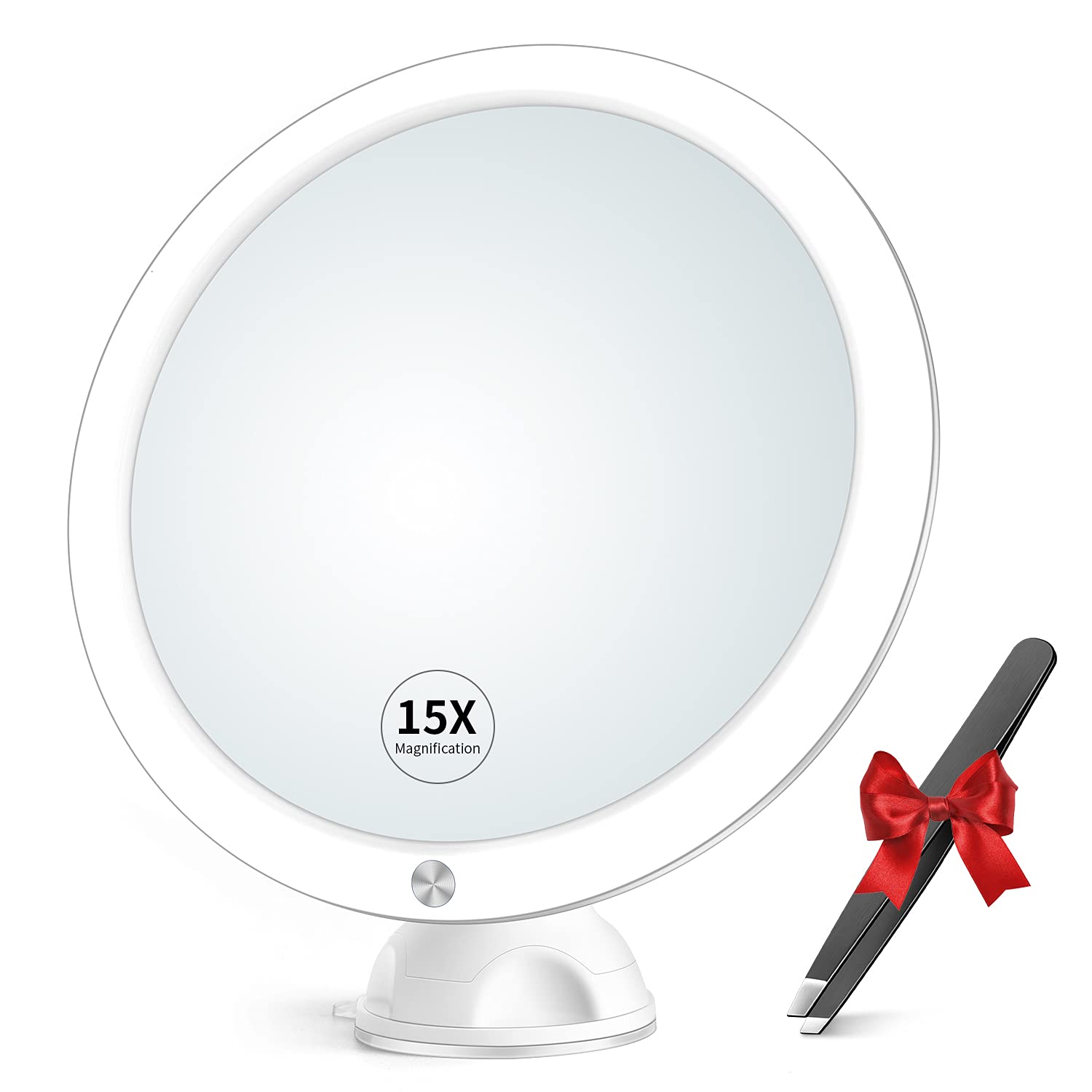 15x Magnifying Mirror with Light & Tweezers - Lighted Makeup Mirror with Strong Magnification for Precise Makeup, Plucking, Lighted Magnified Mirror w/Suction Cup for Bathroom, Dual Power , 8"