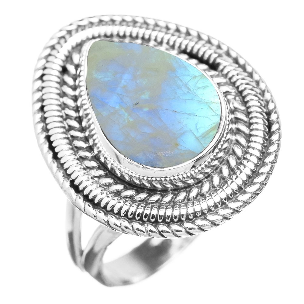 1.95ctw, Genuine Rainbow Moonstone 7x10mm Oval & .925 Silver Plated Handmade Fashion Ring (Size-7.5)