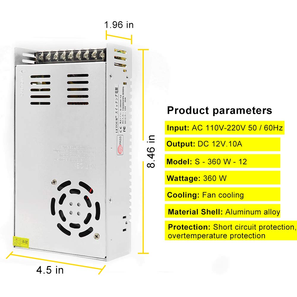 12V DC Power Supply 30A AC 96V-240V Converter Adapter Universal Regulated Switching Power Supply 12Volt 360W LED Power Supply for LED Strip,CCTV, Radio, Computer Project (12V 30A 360W)