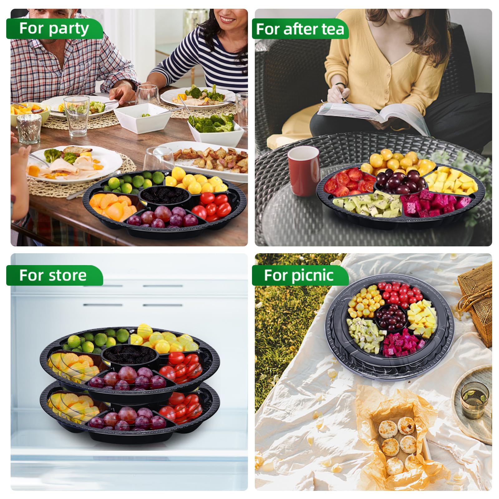 10 Pcs Plastic Appetizer Serving Tray with Lid Round 12.5 Inch Tray with Lid Disposable Serving Fruit Veggie Tray with 6 Divided Compartment Tray Fruit Snack Veggie Trays for Catering for Party