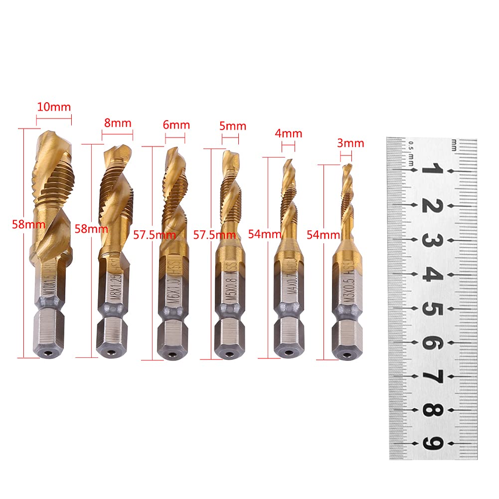 6 Pack Titanium Combination Drill Tap Bit Set, 1/4" HSS Hex Shank Screw Tapping Bit for Drilling, Tapping and Countersinking, M3-M10