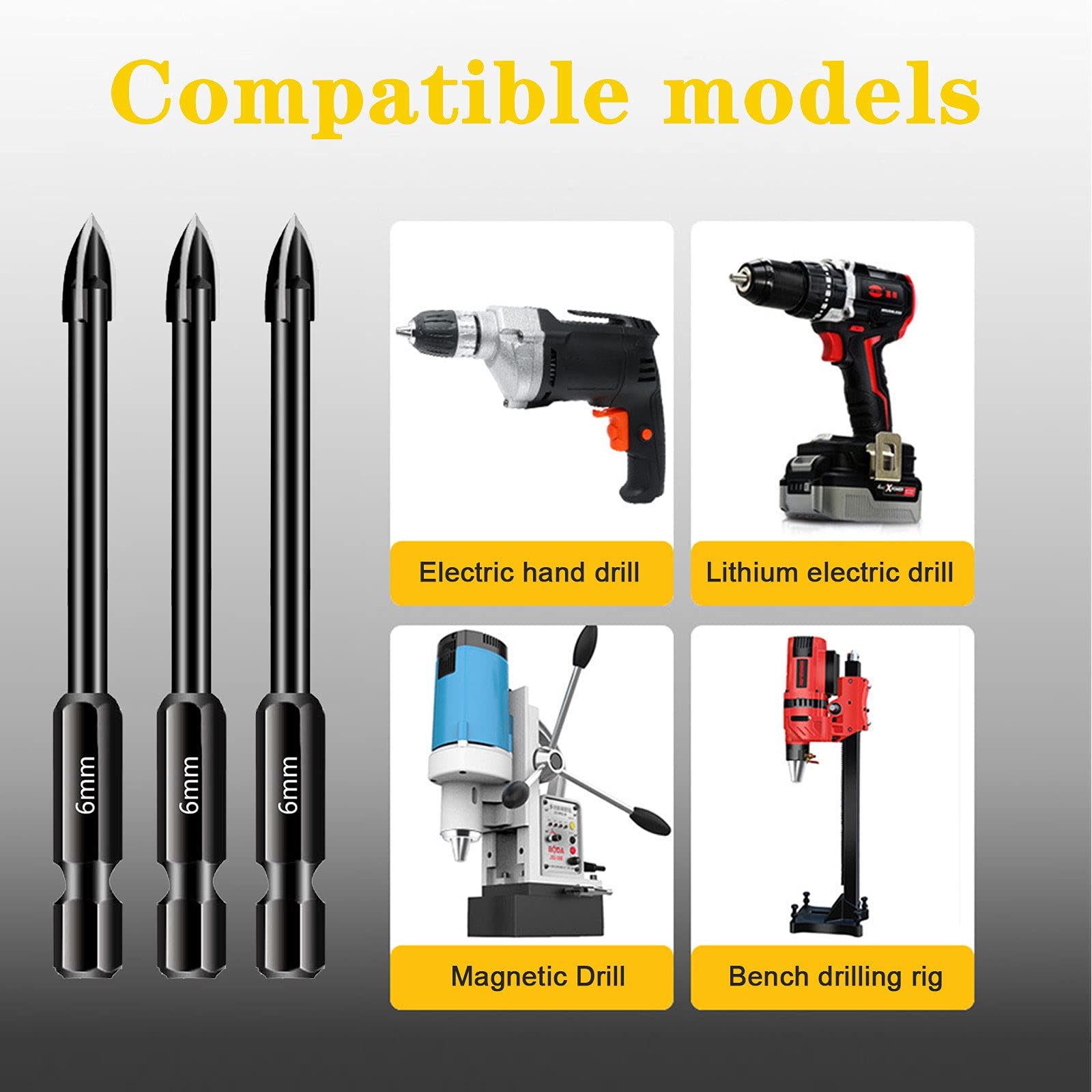 10Pcs Masonry Drill Bits Set, 6mm Glass and Tile Drill Bit, 1/4 Hex Shank Tungsten Carbide Tip Drilling Tools for Mirror Ceramic Tile on Concrete and Brick Wall