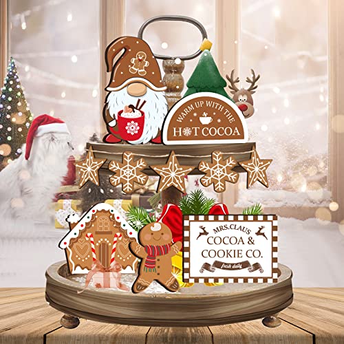 10 Pieces Christmas Tiered Tray Decor-Winter Holiday Gingerbread Themed Decor with Hot Cocoa Bar and Cute Gnomes Wooden Signs for Farmhouse Rustic Centerpiece Home Room Table Fireplace Shelf