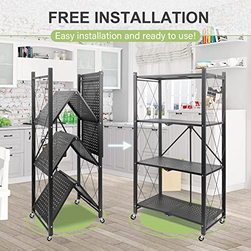 4-Shelf Foldable Storage Shelves with Wheels, Large Capacity Shelving Unit, Freestanding Metal Wire Shelf Rack, No Assembly Organizer Rack for Garage Kitchen, Basement, Pantry, Heavy Duty