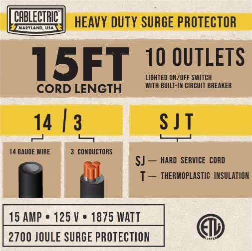 10 Outlet Heavy Duty Surge Protector Power Strip - Industrial Black and Yellow Metal Surge Protector with 15 Foot Extension Cord | Cablectric is an American Owned Brand