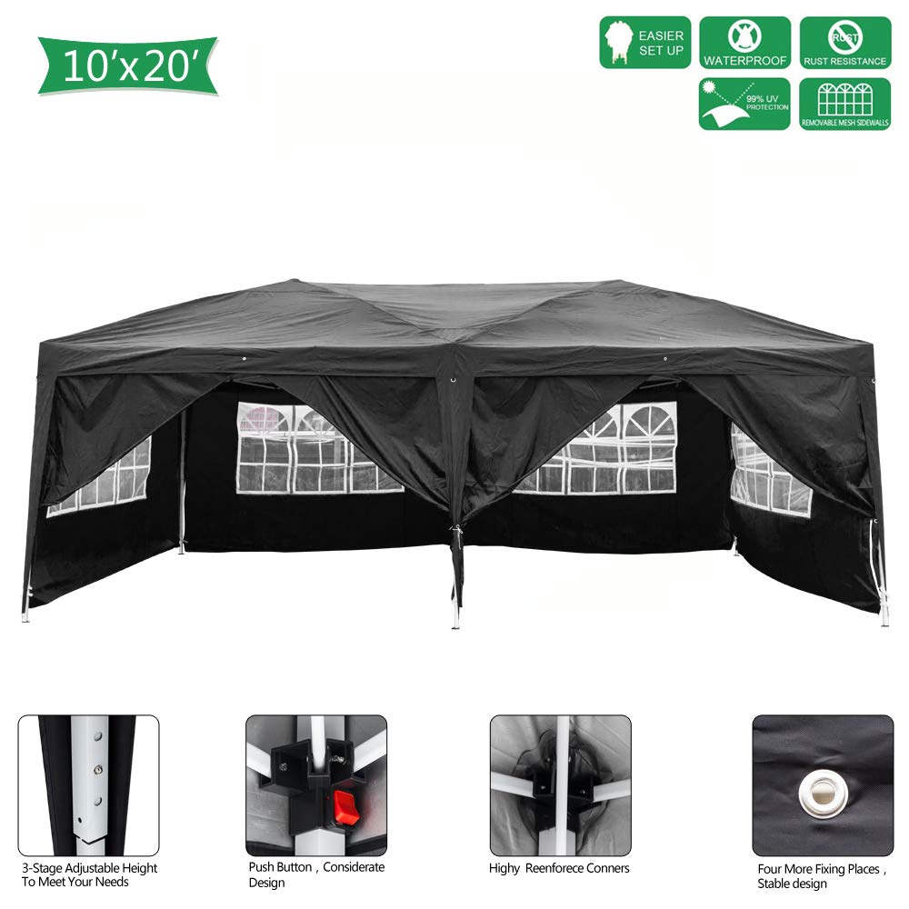 10x20 Ft Easy Pop up Canopy, Waterproof Party Tent, Adjustable Height Outdoor Gazebo w/ 6 Removable Sidewalls & 4 Windows for Patio Backyard Porch Garden Beach, Carry Bag Included (Black)