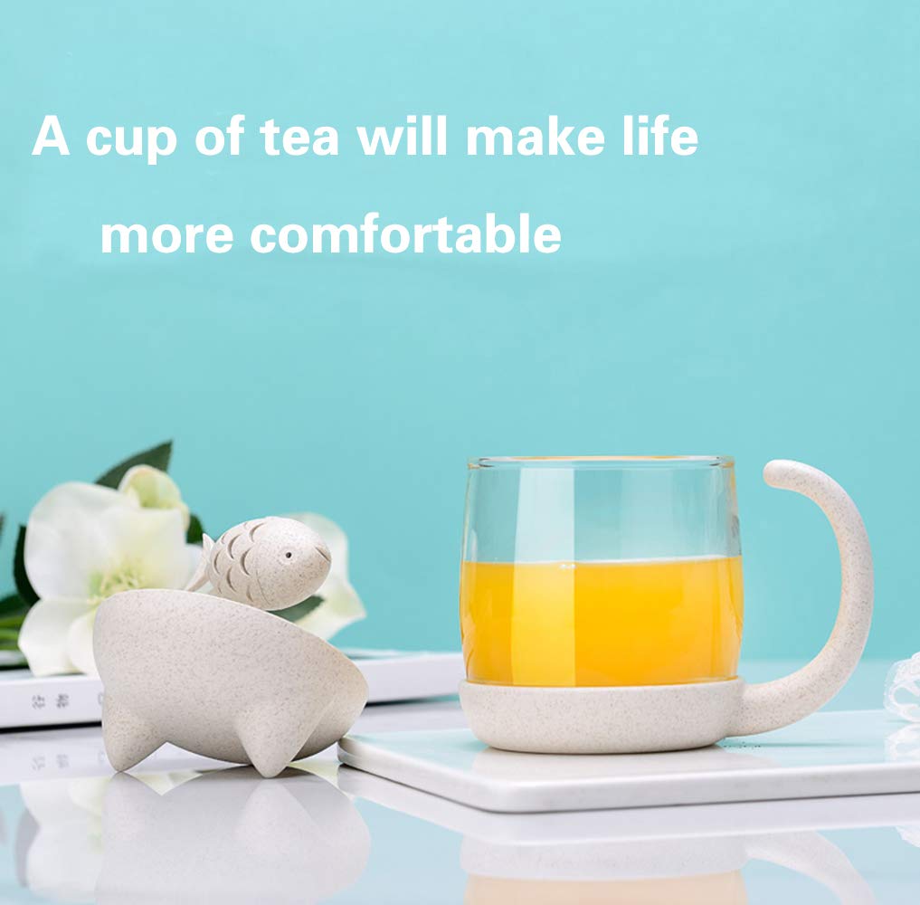 10 oz Cat Glass Cup Tea Mug with Infuser Set and Lid,Glass Teas Mug with Handle,Transparent Tea Cup with Fish Shaped Strainer Filter
