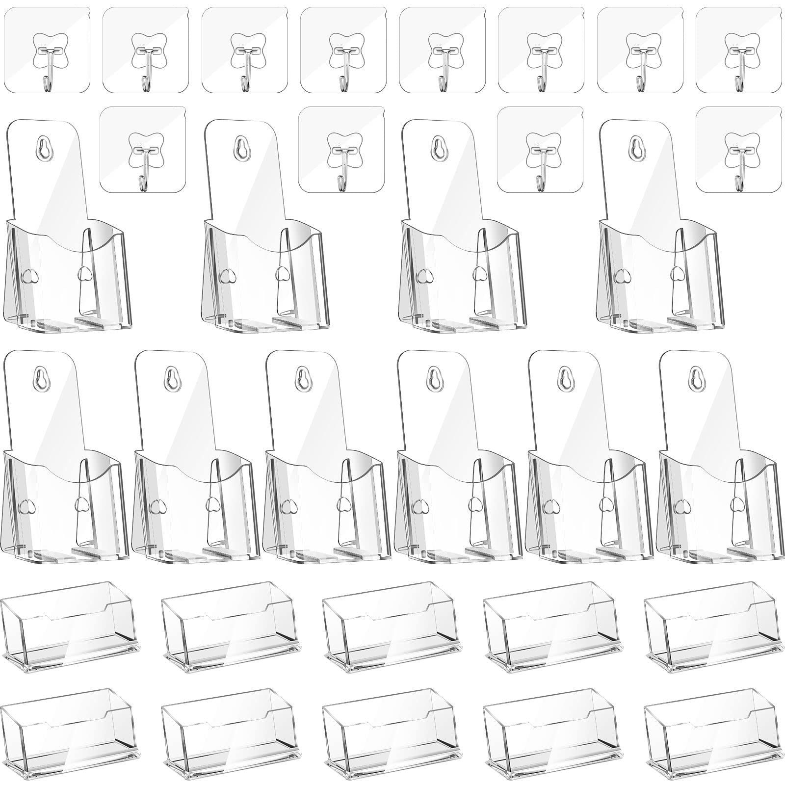 10 Pcs Clear Acrylic Brochure Holder Booklet Display Stand Holder 10 Pcs Plastic Business Card Holder Desktop Business Card Stand 12 Pcs Adhesive Hooks for Wall Office Tabletop Desk Magazine Document