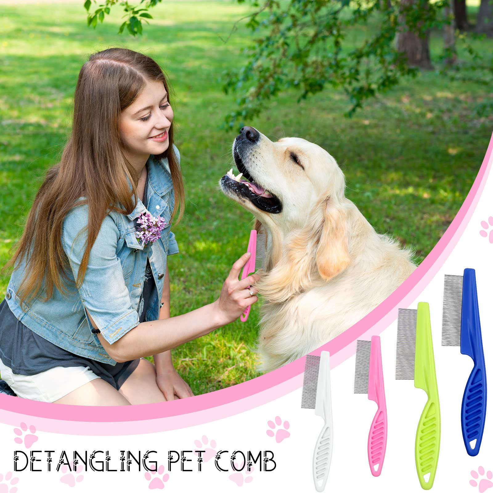10 Pcs Flea Comb for Dogs and Cats Flea Remover Tool with Stainless Steel Metal Teeth for Detangling Grooming Kit, Pink, Blue, White and Green, 2 Sizes