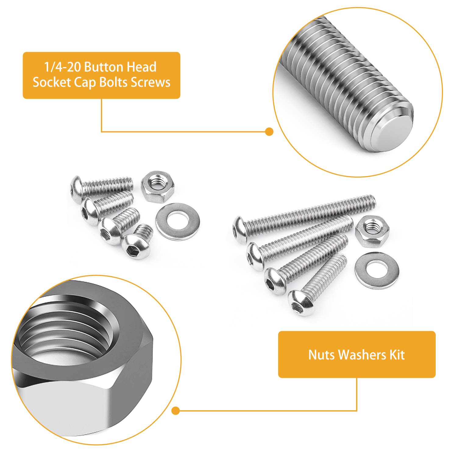 1/4-20 Hex Button Head Cap Screw, VIGRUE 300pcs 304 Stainless Steel UNC Hexagon Bolts Flat Washers Nuts Assortment Kit Machine Screws Set, 8 Sizes (Length from 3/8" to 2")