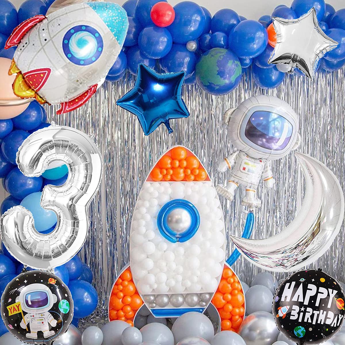 10 PCS Space Theme 0-9 Birthday Balloons Decoration, Big Foil Mylar Number 0 Astronaut Spaceman Rocket Moon Star Balloons for Boy Space Galaxy Theme Birthday Party Supplies