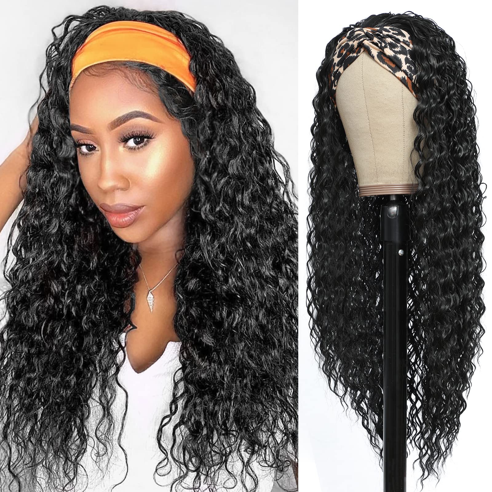 Alicoco Headband Wig Curly Headband Wigs for Women 180% Density Water Wave Glueless Wig Synthetic half Wig with Headbands Attached (26 Inch, 1B)