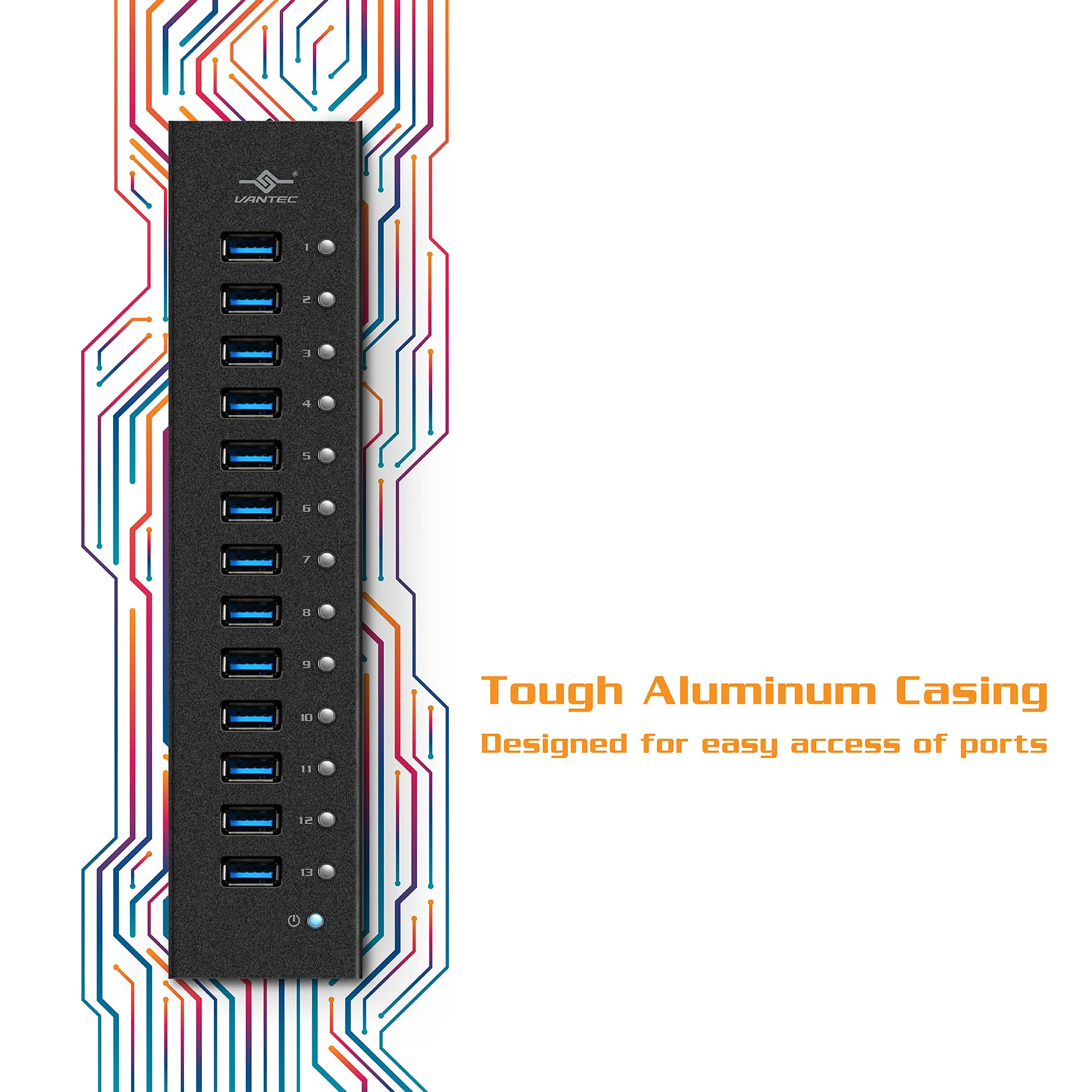 13-Port USB 3.0 Aluminum Hub (All Data/Charging BC 1.2), 12V/5A Premium Power Adapter (UGT-AH131U3-BK)