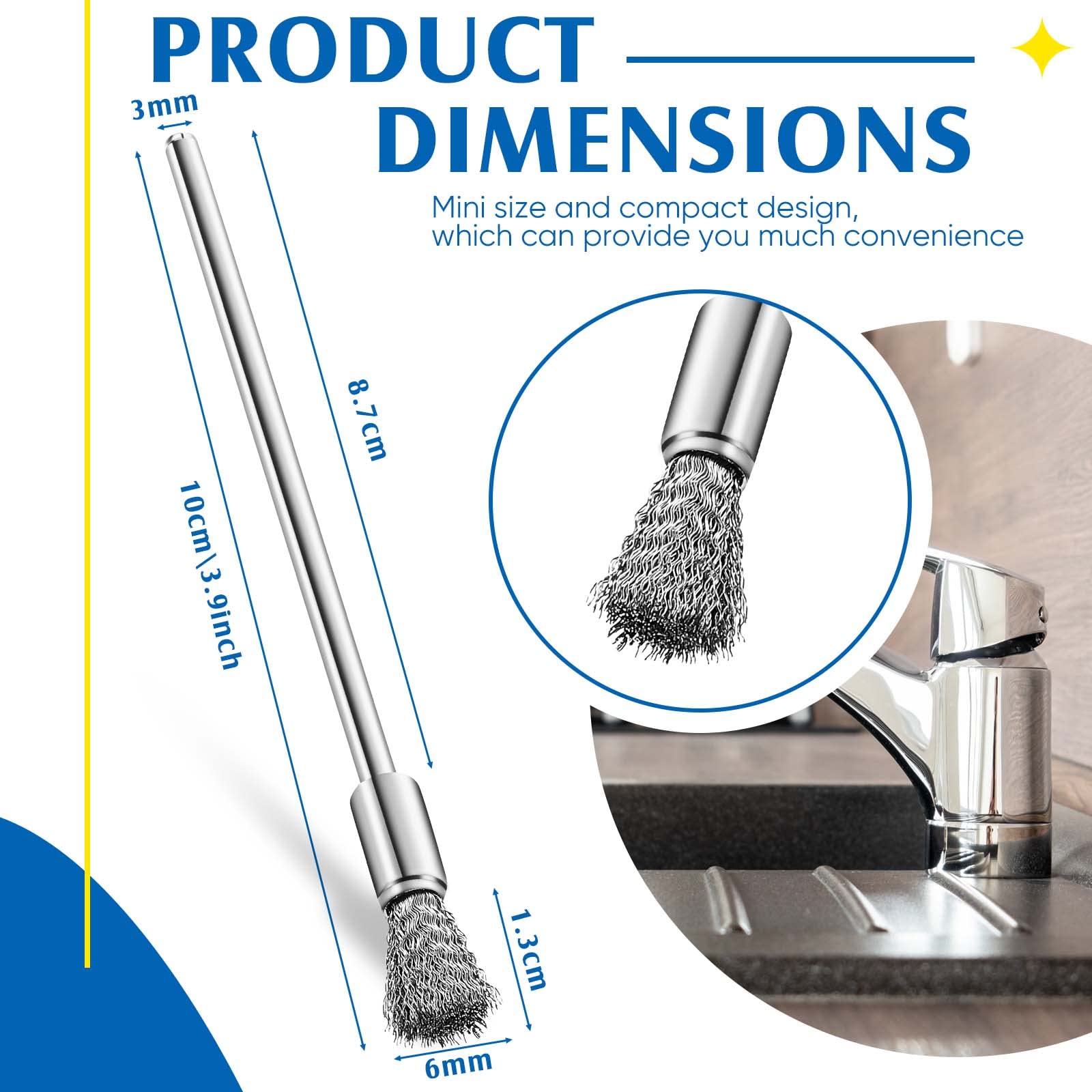 10 Pcs Wire Brush Extended Steel Cleaning End Brushes Pen Stainless Steel Wire Brush 3 mm Mandrel Rust Paint Removal Bits Polishing Rotary Tool Accessories, 6 mm End Brush
