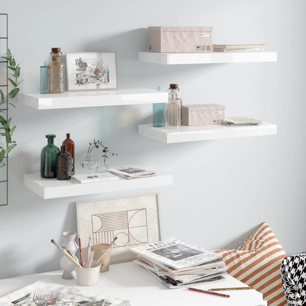 QZZCED Floating Wall Shelves 4 pcs,Wall Shelves for Bedroom,Bookshelf Wall,Shelves for Wall Decor,Shelf Storage,Shelves for Bathroom,for Kitchen, Bathroom,Living Room, Bedroom, High Gloss White MDF