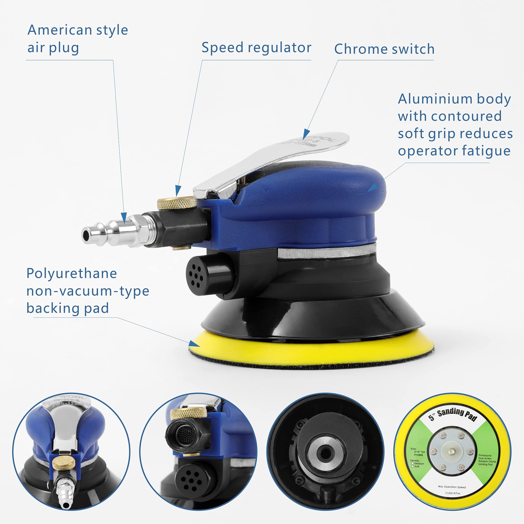5 inch Air Random Orbital Sander for Auto Body Work, Pneumatic Palm Sander with 10 Polishing Sponge & Wool Pads, 10 Sandpapers (5 Inch Kit)
