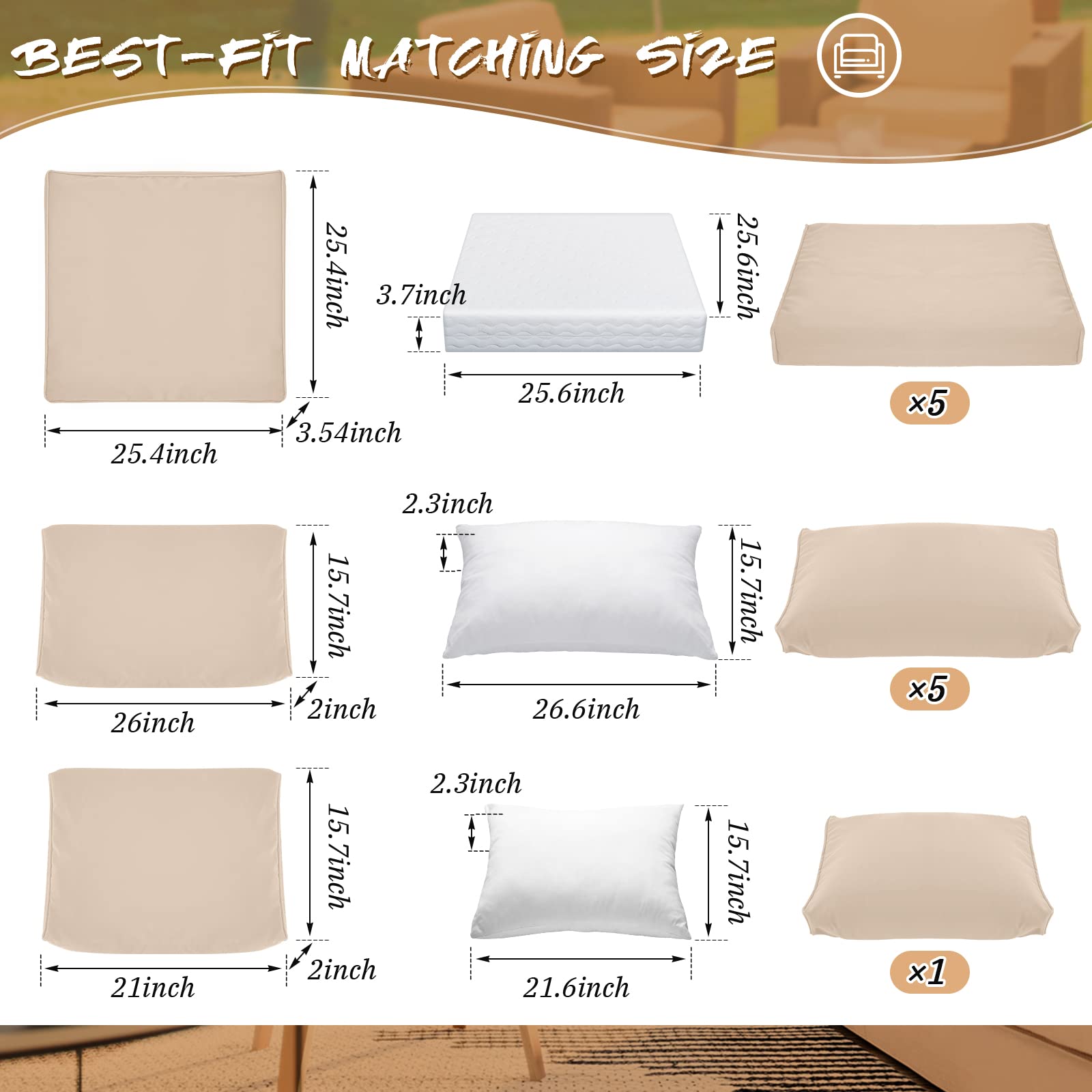 11 Pcs Outdoor Cushion Slipcovers Patio Cushion Covers Replacement Splash Proof with Zipper for Outdoor Indoor Furniture, Patio Sofa Couch 3 Sizes, Replacement Covers Only (Beige)