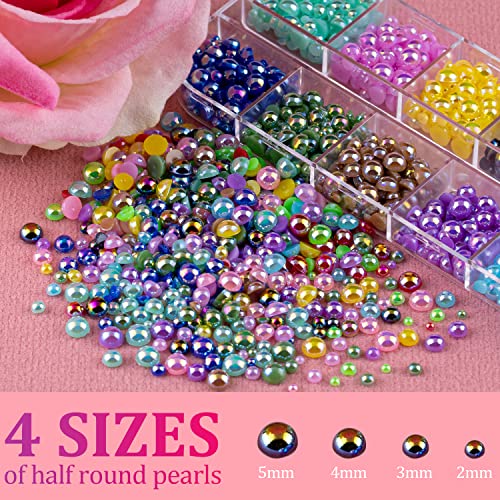 3800 Pcs 3 Boxes Flat Back Pearls Kits Flatback Colorful AB+White AB+Beige AB Half Round Pearls with Pickup Pencil and Tweezer for Home DIY and Professional Nail Art, Face Makeup and Craft