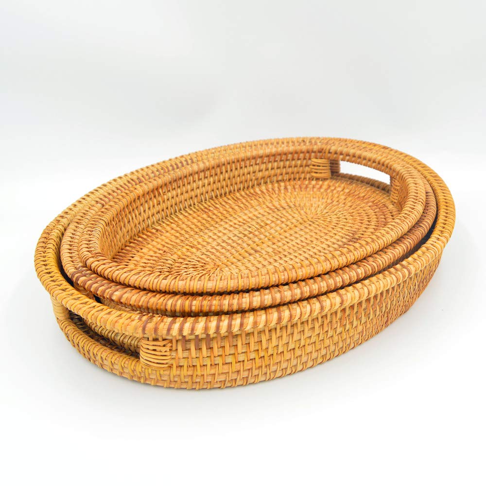 3 Pack Handmade Oval Woven Basket Tray, 15 Inch Rattan Storage Baskets with Handles and 2 Inch Raised Side, Decorative Wicker Organizer Tray for Table Serving, Bread, Fruit, Catch All Dish, S, M, L