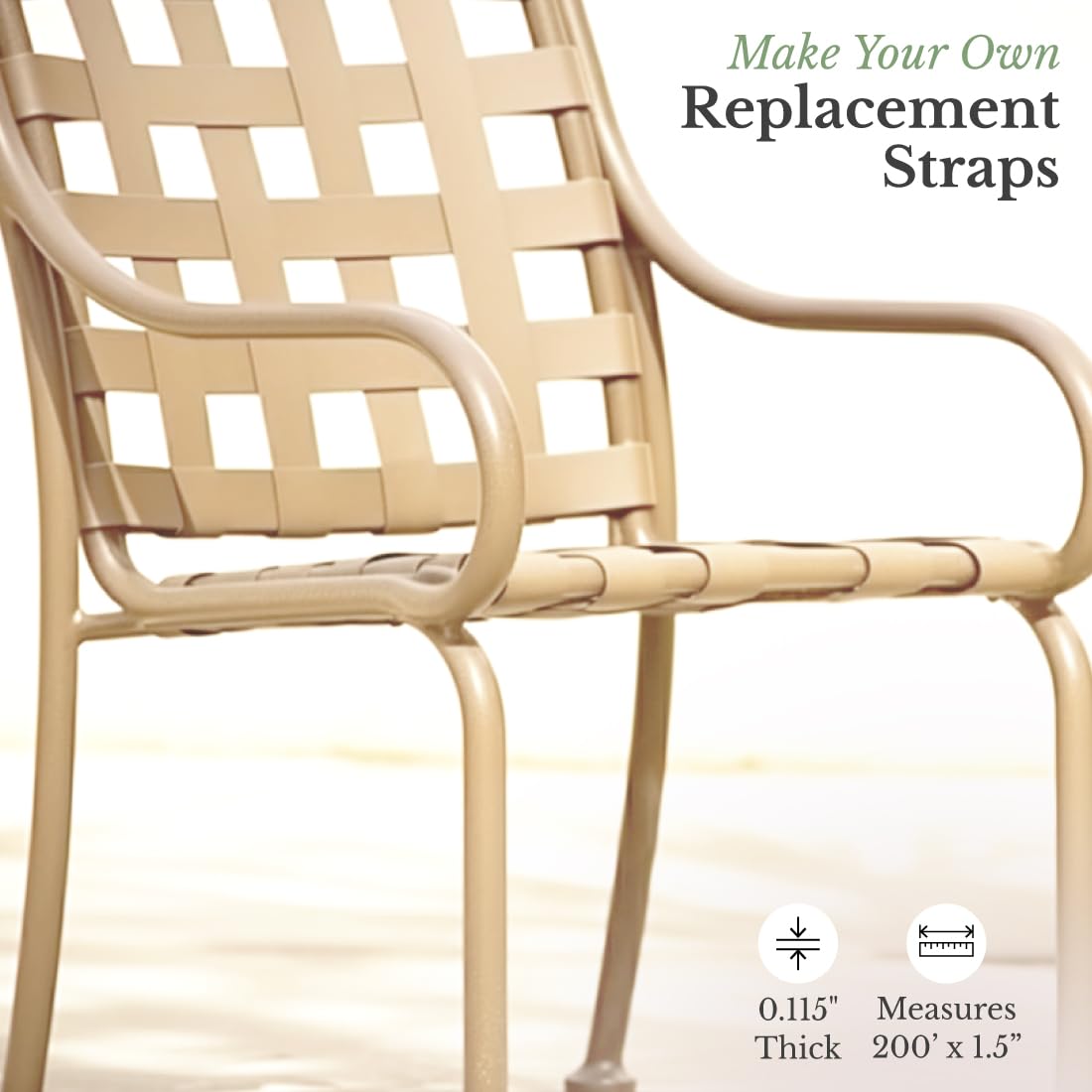 1.5" Wide x 200' Roll Vinyl Strap for Patio Chairs, Lawn Furniture, and Deck Chairs, Make Your Own Replacement Straps, (Dove Beige)