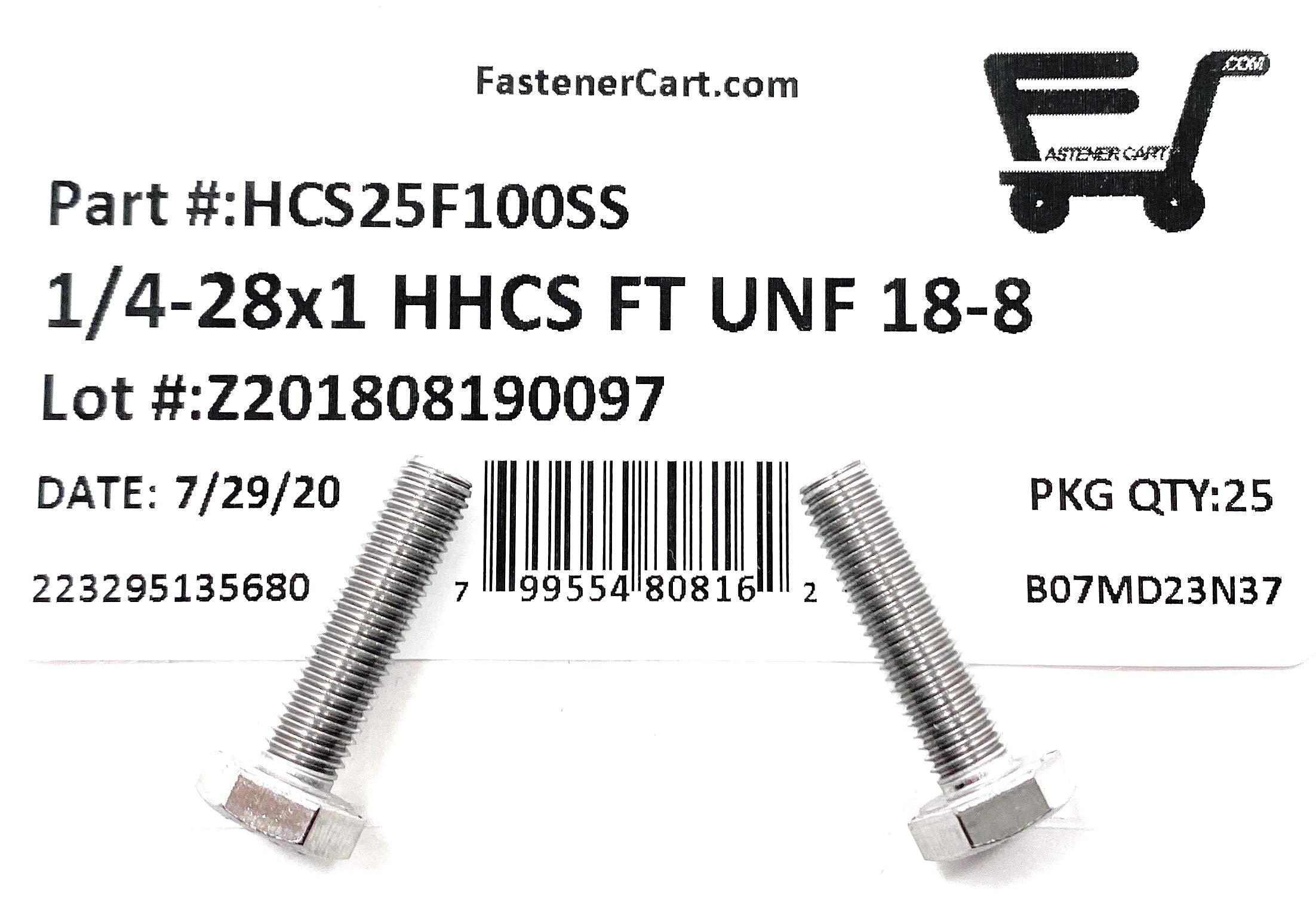 1/4-28x1 Stainless Steel Hex Cap Screws FT Hex Bolts 18-8 (UNF) FINE Thread (25 Pieces)