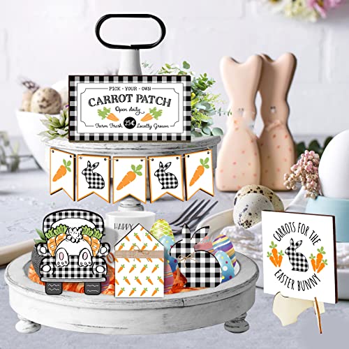 10 Pcs Easter Tiered Tray Decor- Carrot Bunny Wood Sign Decoration Rustic Farmhouse Easter Table Decor with 2 Pcs Small Stand for Home Kitchen Living Room, Dining Table, Easter Party Desk
