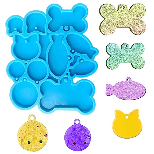 11 Cavities Silicone Dog Bone Shaped Tag Mold Cat Tag Fish Mold Keychain Pendant Clay Mold Pet Dog Tag Resin Molds Circle Round Pendant Epoxy Casting Mould for DIY Homemade Crafts Making
