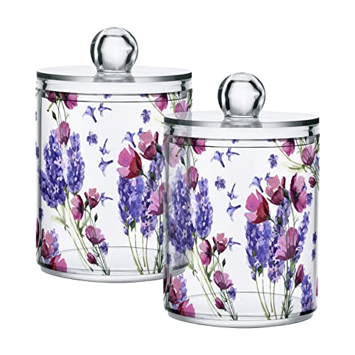 2 Pack Qtip Holder Dispenser for Cotton Ball Purple Lavender on White Cotton Swab Cotton Round Pads Clear Plastic Acrylic Jar Set Bathroom Canister
