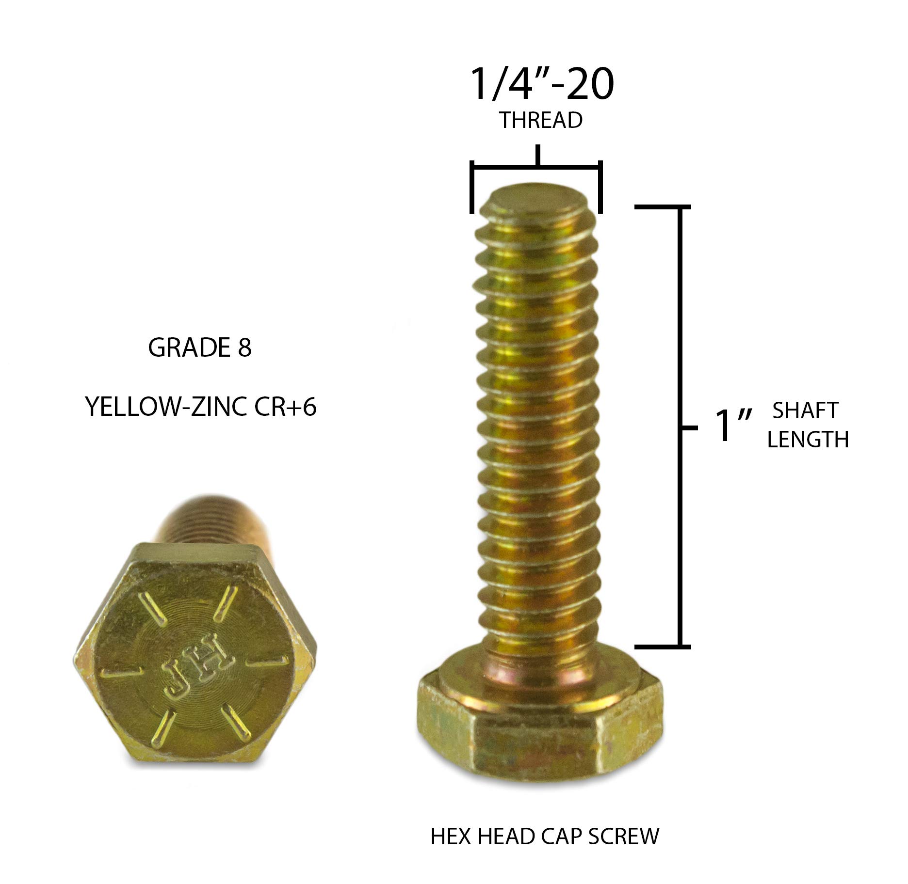 1/4"-20 X 1 Inch Bolts Hex Head Cap Screw, Nuts, Washers, Grade 8, COARSE, Yellow-Zinc (Multi-Packs)