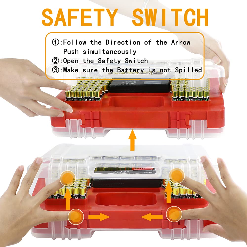 X-Value 230+ Battery Storage Organizer AA AAA C D 9V Waterproof Battery Holder Case with Tester (Red)