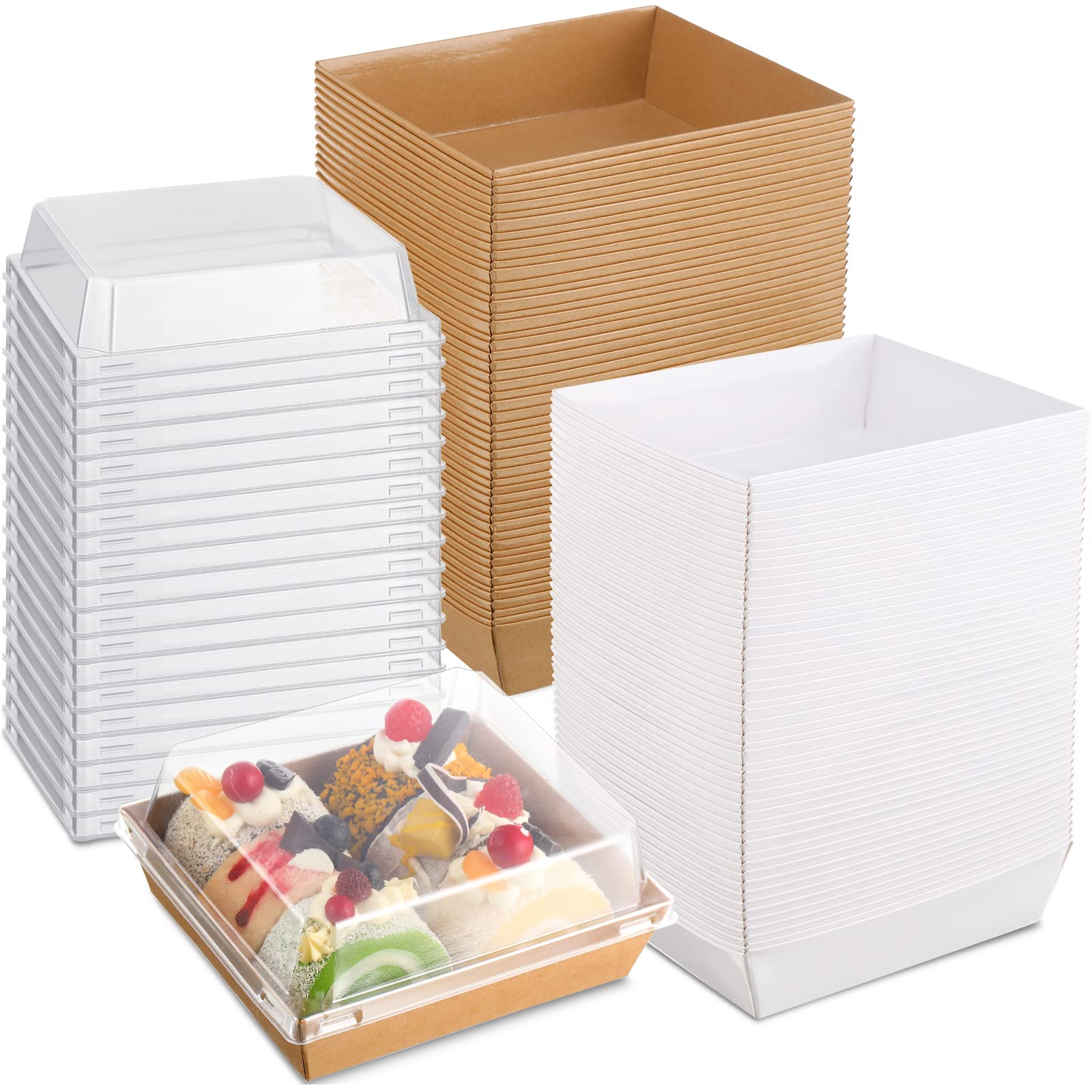 100 Pcs Disposable Food Containers with Clear Secure Lids 5.4 Inch Paper Charcuterie Box Square Cake Boxes Dessert Boxes Cake Slice Container for Sandwich, Cookies, Strawberries, Brown and White