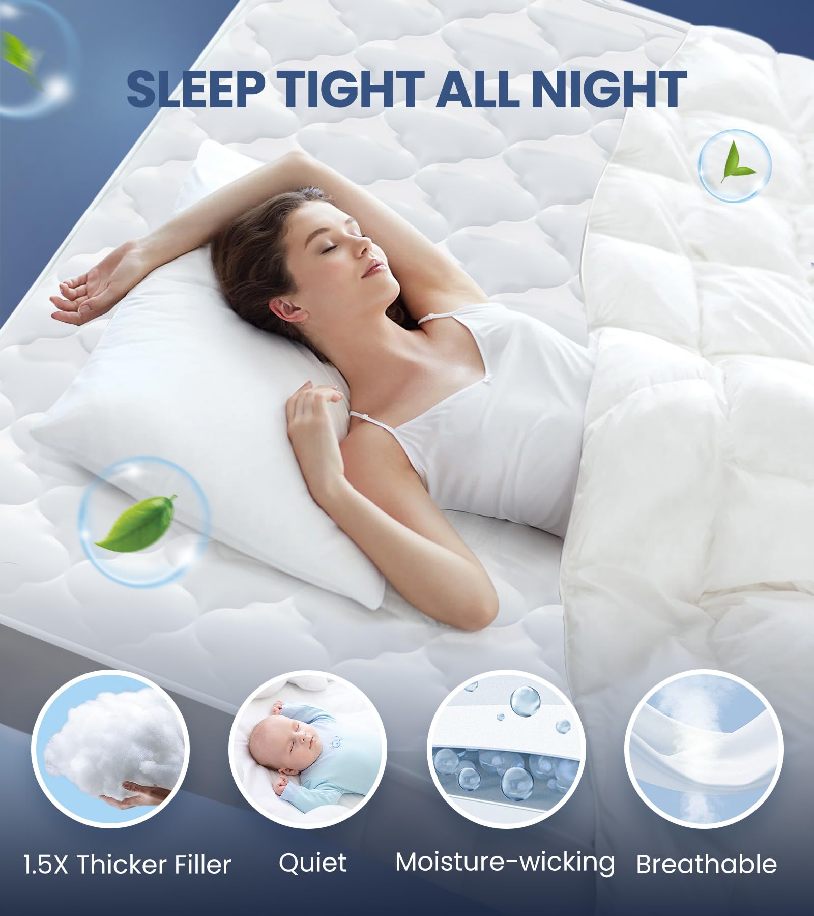 100% Waterproof King Mattress Protector with 1.5X Thicker Filler, 3D Quilted Machine Washable Mattress Pad, Quiet Fitted Breathable Soft Hypoallergenic Mattress Cover Vinyl-Free, 8-21'' Deep Pocket