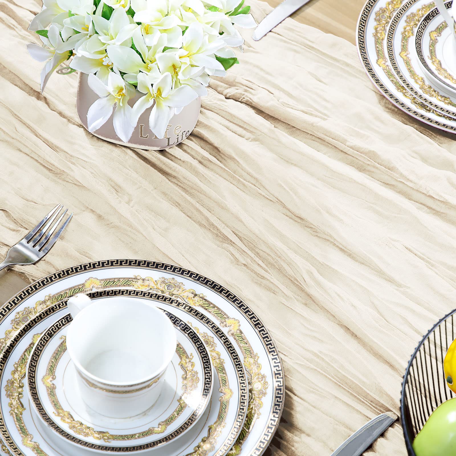10 Pack Cheesecloth Table Runners Wide Gauze Table Runners Boho Table Runners for Bridal Shower Wedding Birthday Party Table Decorations (Beige, 35 x 157 Inch)