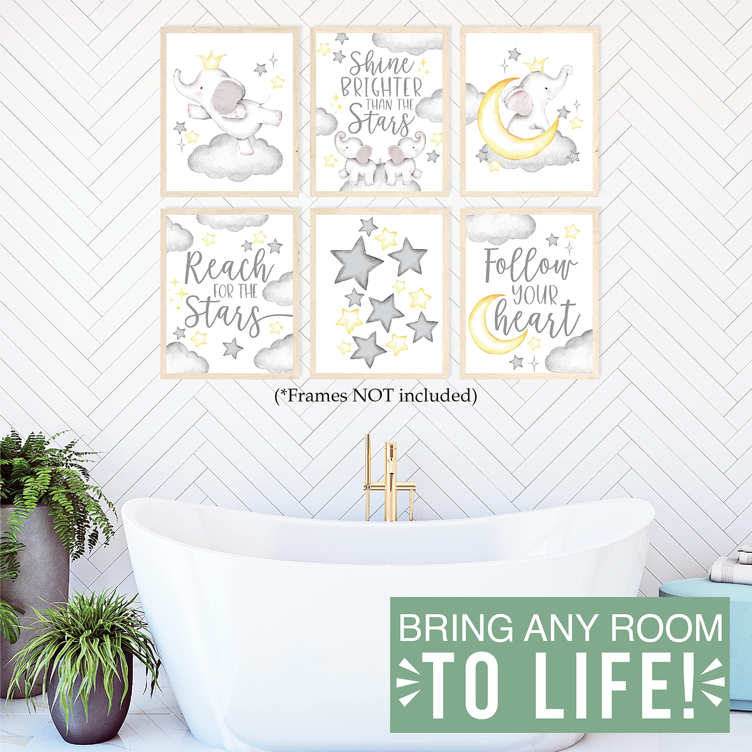 Hadley Designs 6 Reversible 8x10 Elephant Nursery Decor Wall Art Prints For Bedroom Posters, Baby Elephant Baby Shower Decorations For Wall Art Prints, Stars and Moon Nursery Decor