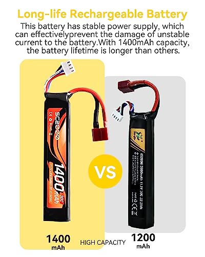 11.1V LiPo Battery Airsoft Deans Connector Rechargeable 1400mAh 30C Stick Battery with T Plug to Mini Tamiya Cable for Airsoft Guns Airsoft Rifle