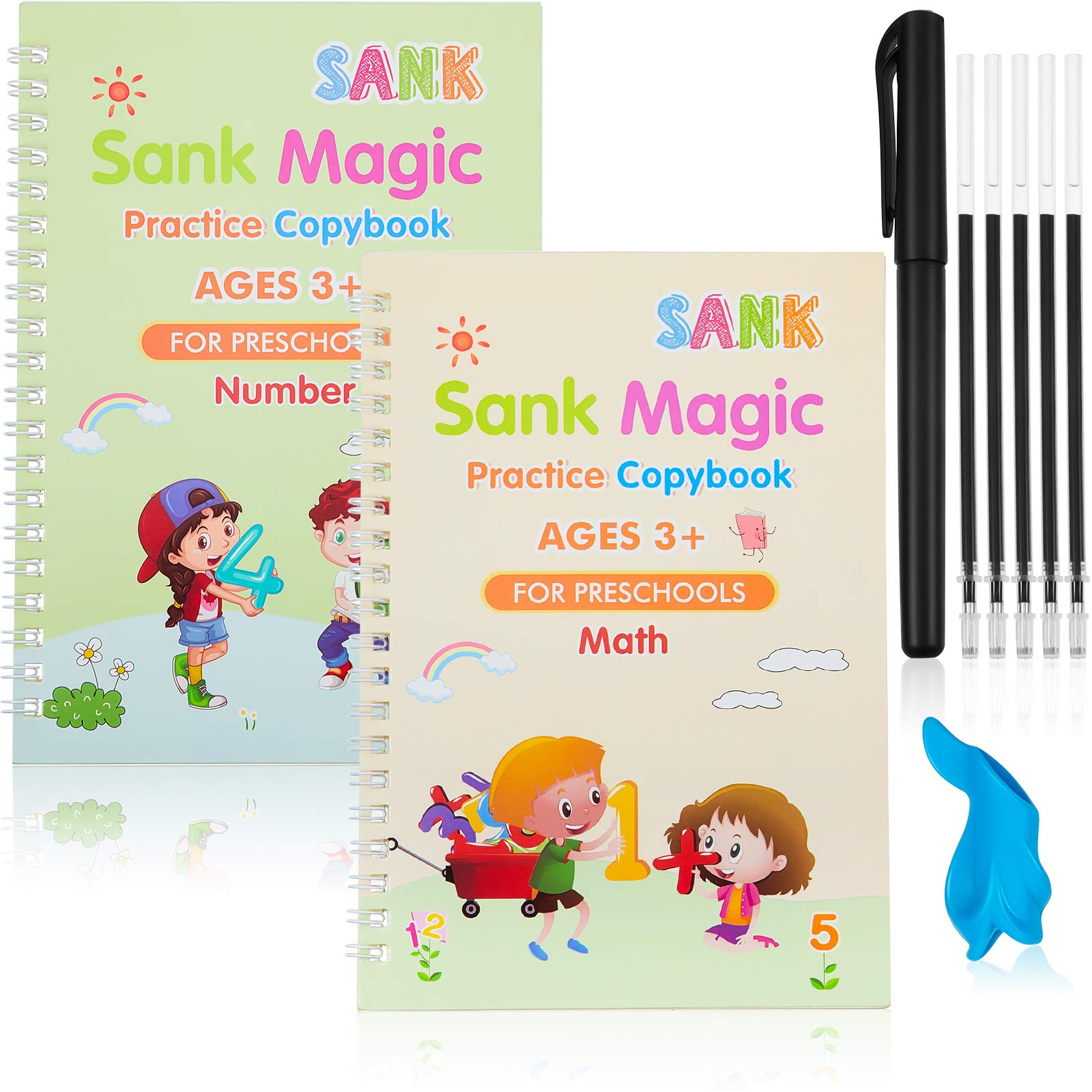 2 Pieces Magic Practice Copybook Magic Writing Paste Practical Reusable Writing Tool Workbook with Pens Set for Kid Calligraphic Christmas Gifts (Number and Math)