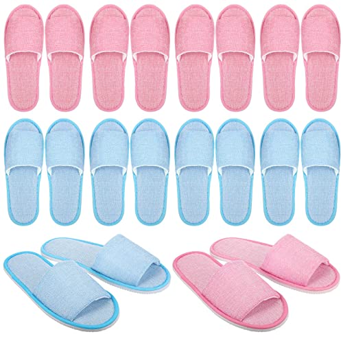 10 Pairs Washable House Slippers for Guests Open Toe Spa Slippers Women Men Soft Disposable Slippers Cotton Linen Hotel Slippers Bulk Non Slip Breathable for Indoor Travel Bedroom Party (Pink, Blue)